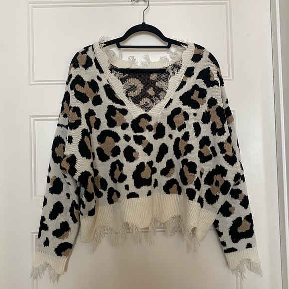 Sweaters | Leopard Print Fringe Sweater Large | Poshmark